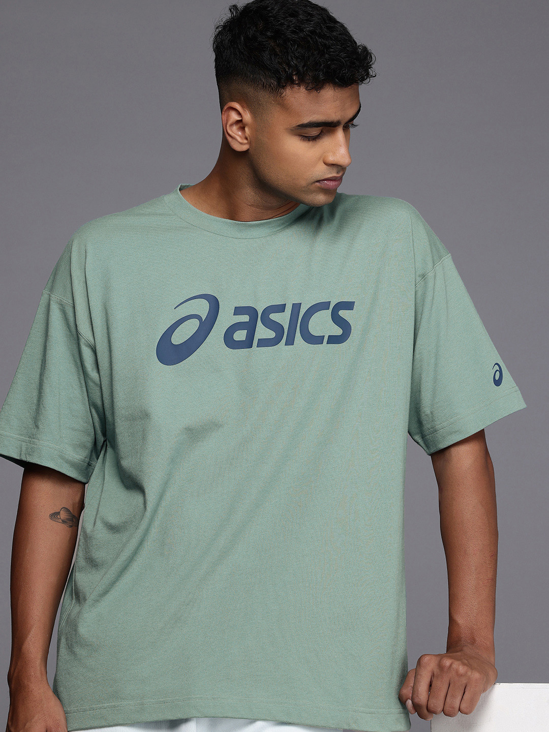 Buy ASICS Brand Logo Printed Drop Shoulder Sleeves Relaxed Fit T Shirt ...