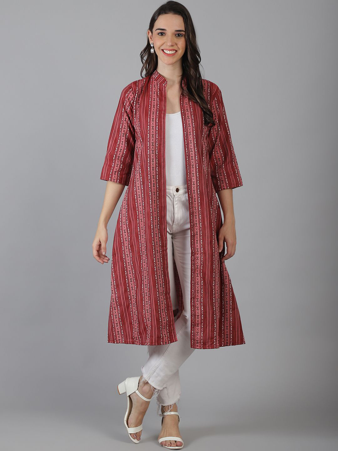 Buy Enchanted Drapes Printed Mandarin Collar Open Front Pure Cotton ...