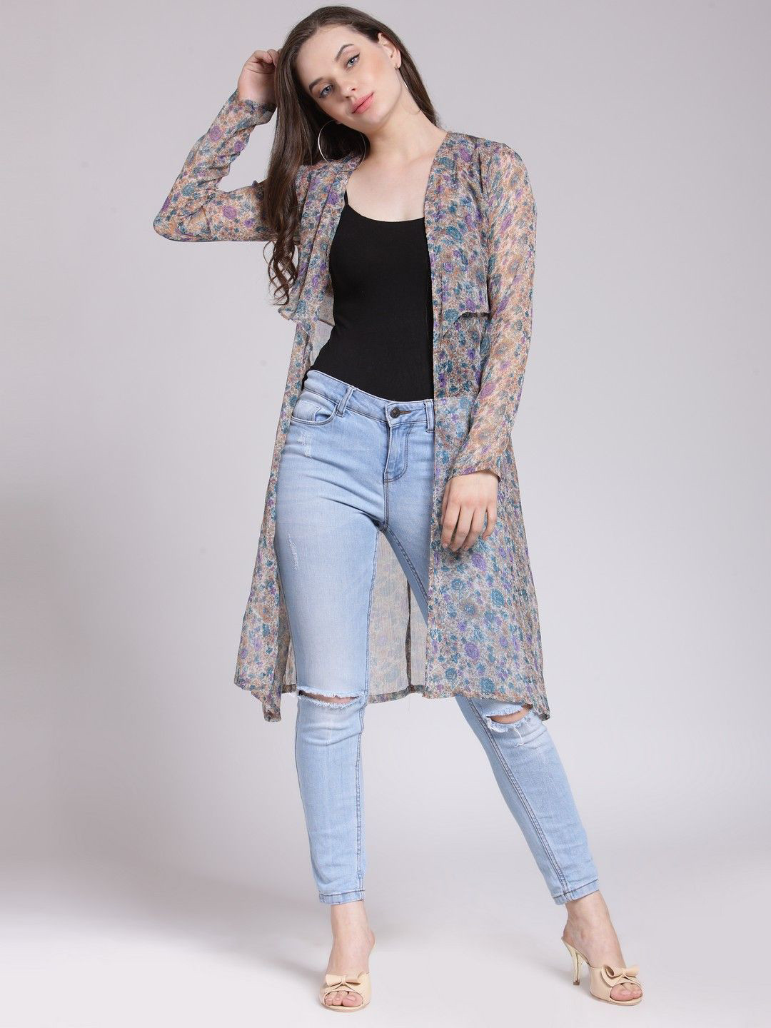 Buy BAESD Floral Printed Open Front Longline Shrug - Shrug for Women ...