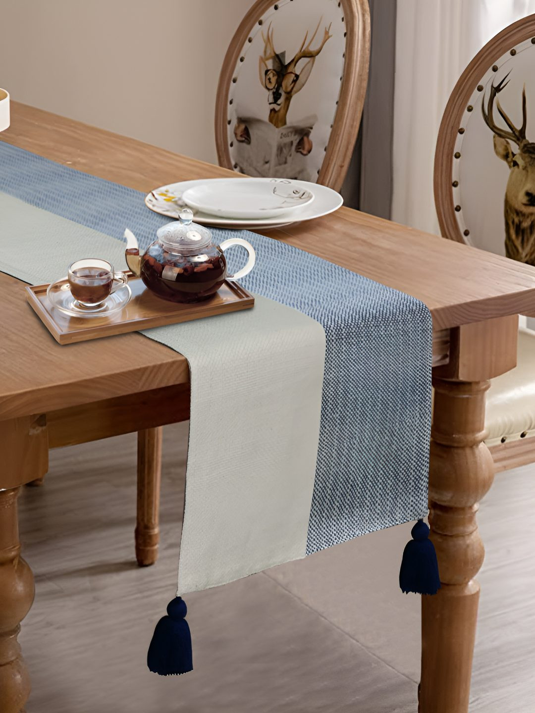 Buy HOME COLORS.IN Navy Blue & Grey Pure Cotton Center Table Runner ...