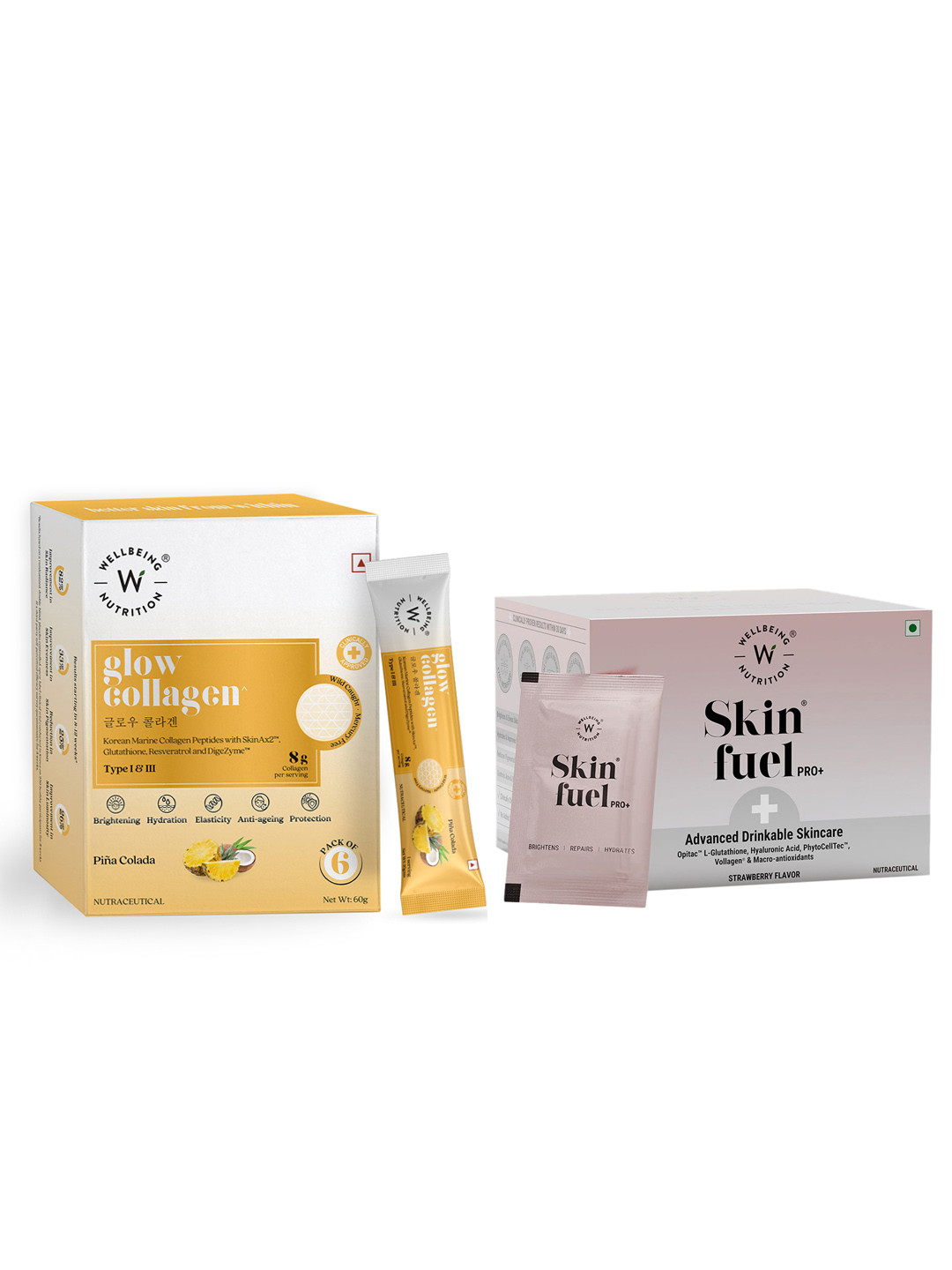 Buy Wellbeing Nutrition Skin Fuel Pro+ 28 Sachet & Glow Collagen Powder ...