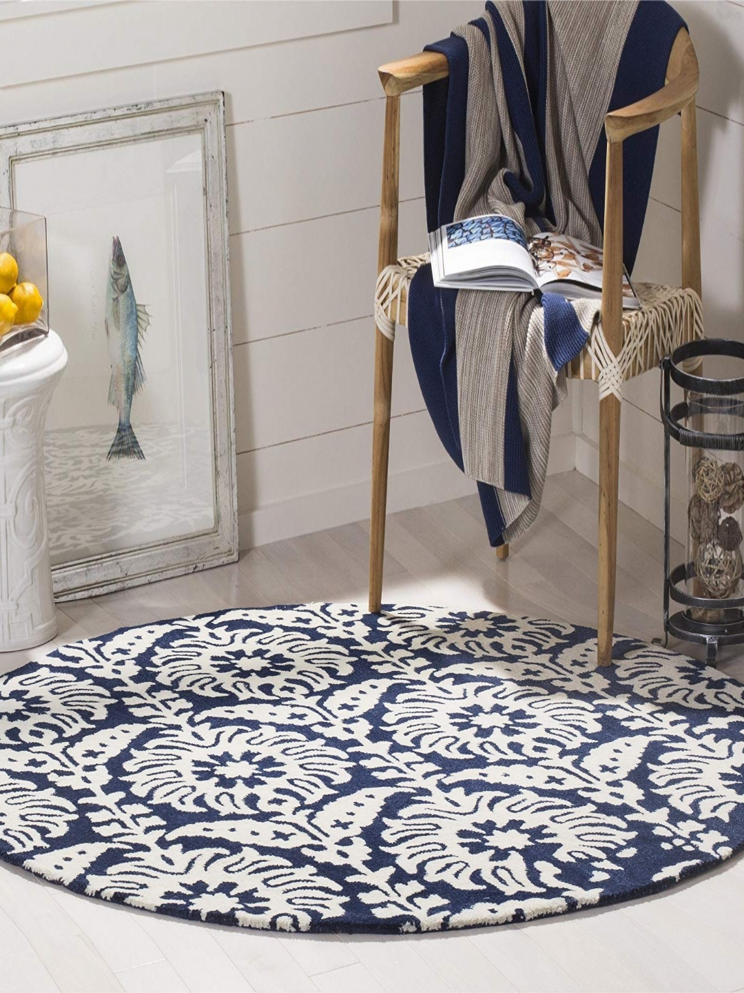 Buy Safiya Carpet Blue & White Ethnic Motifs Hand Tufted Woollen ...