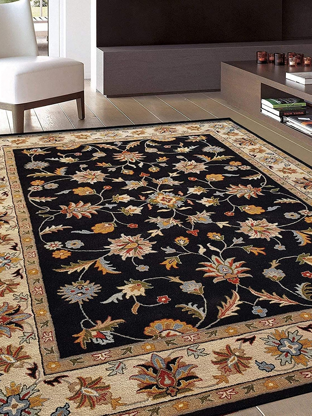 Buy Safiya Carpet Black & Beige Ethnic Motifs Hand Tufted Woollen ...