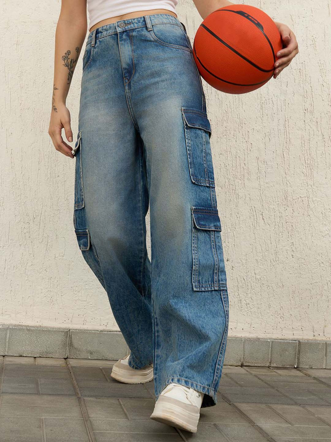 Buy Hubberholme Women 90's Baggy High Rise Heavy Fade Cargo Jeans ...