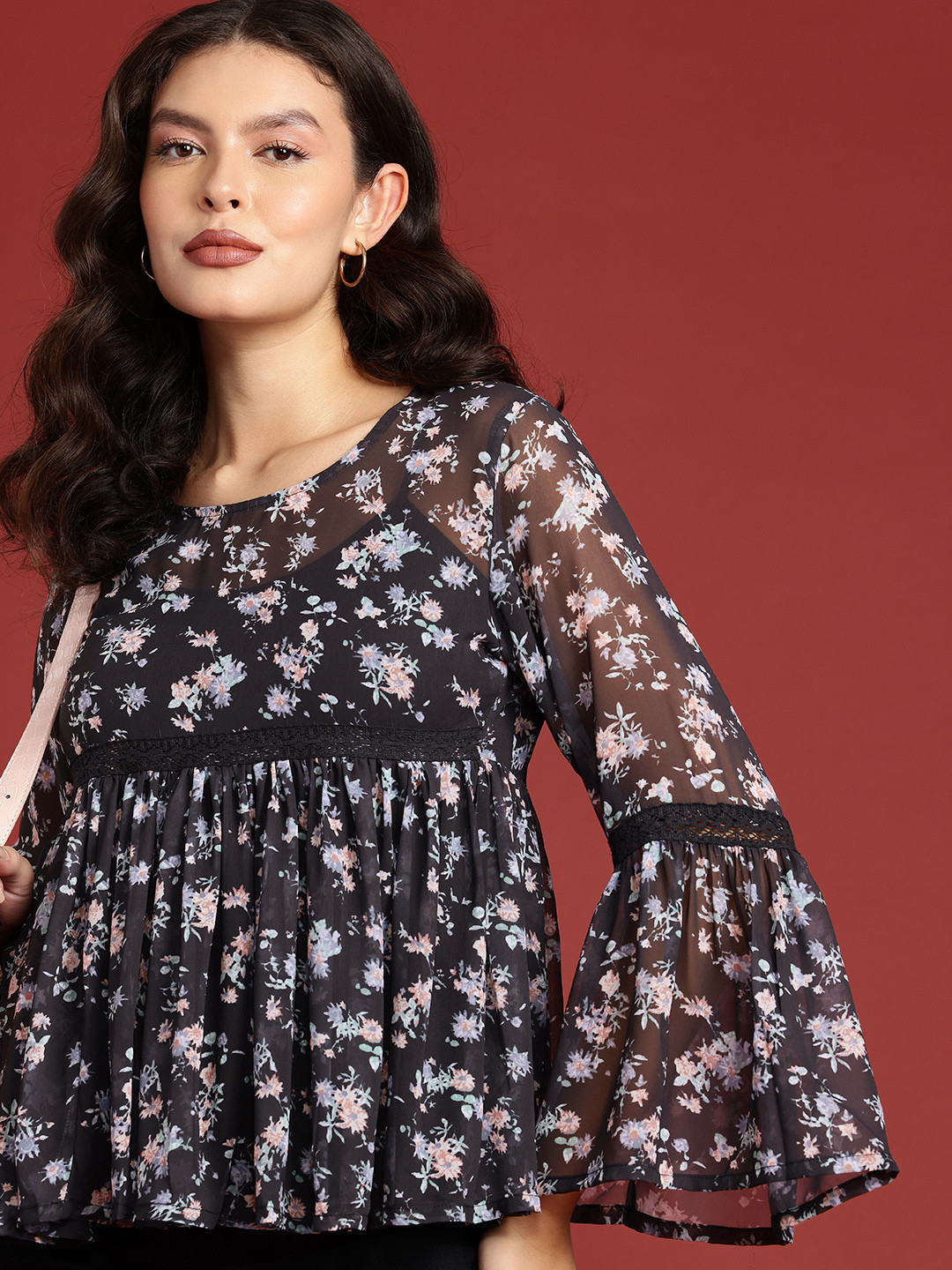 Buy All About You Floral Printed Semi Sheer Gathered A Line Top - Tops ...