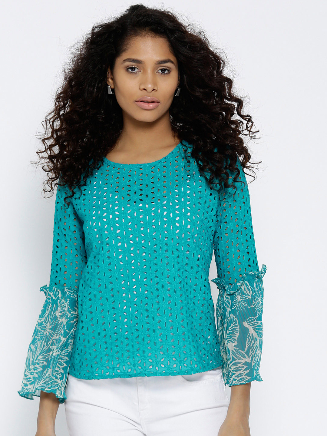 Buy Style Quotient Women Turquoise Blue Self Design Top - Tops for ...