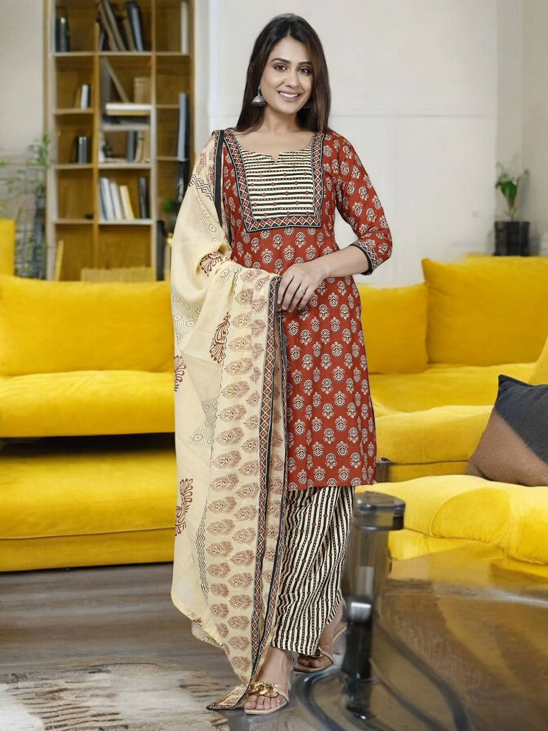 Buy Jevi Prints Ethnic Motifs Printed Straight Pure Cotton Kurta With ...