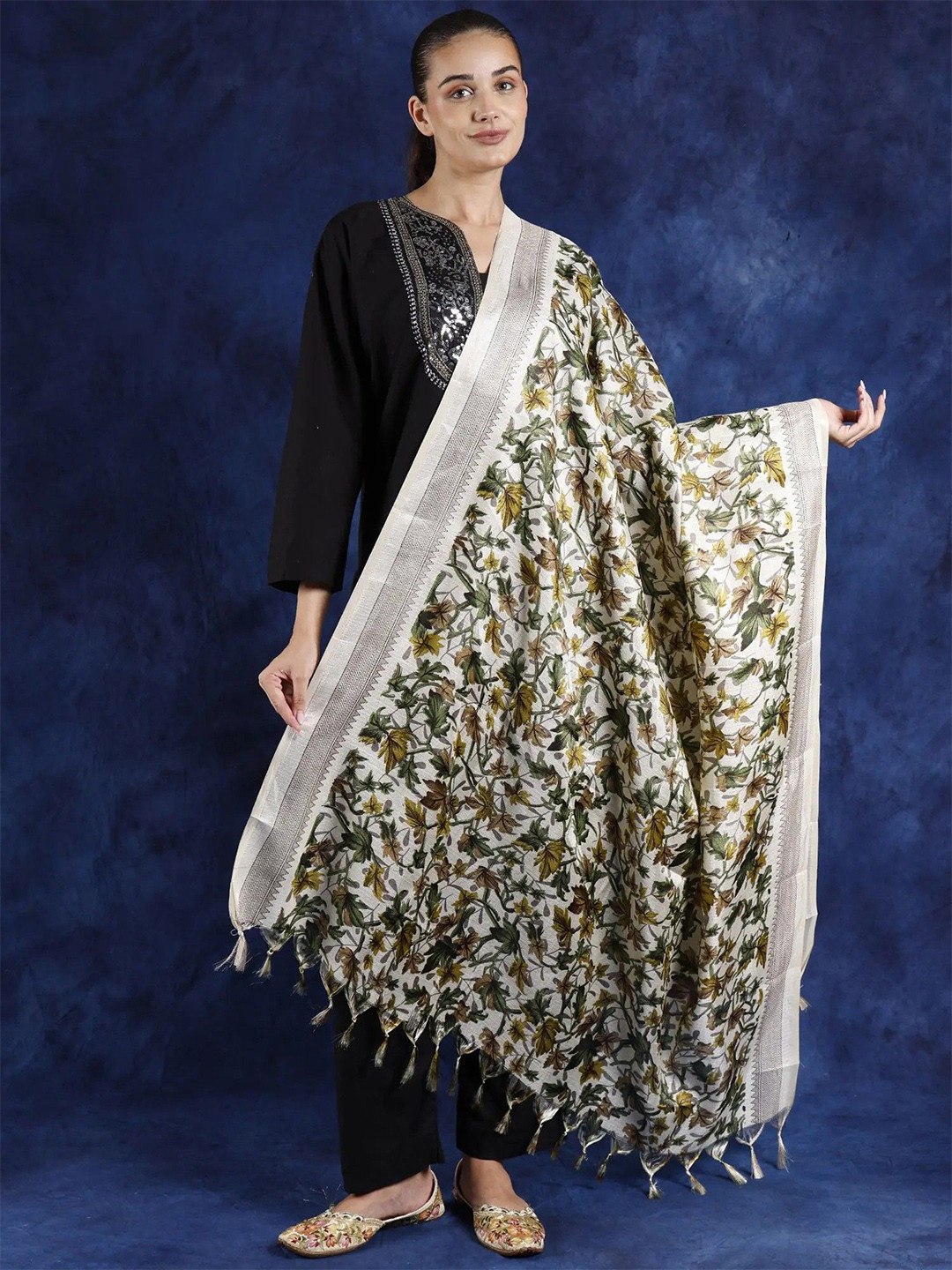 Buy Exotic India Forest Elf Art Silk Maple Leaf Printed Silk Dupatta ...