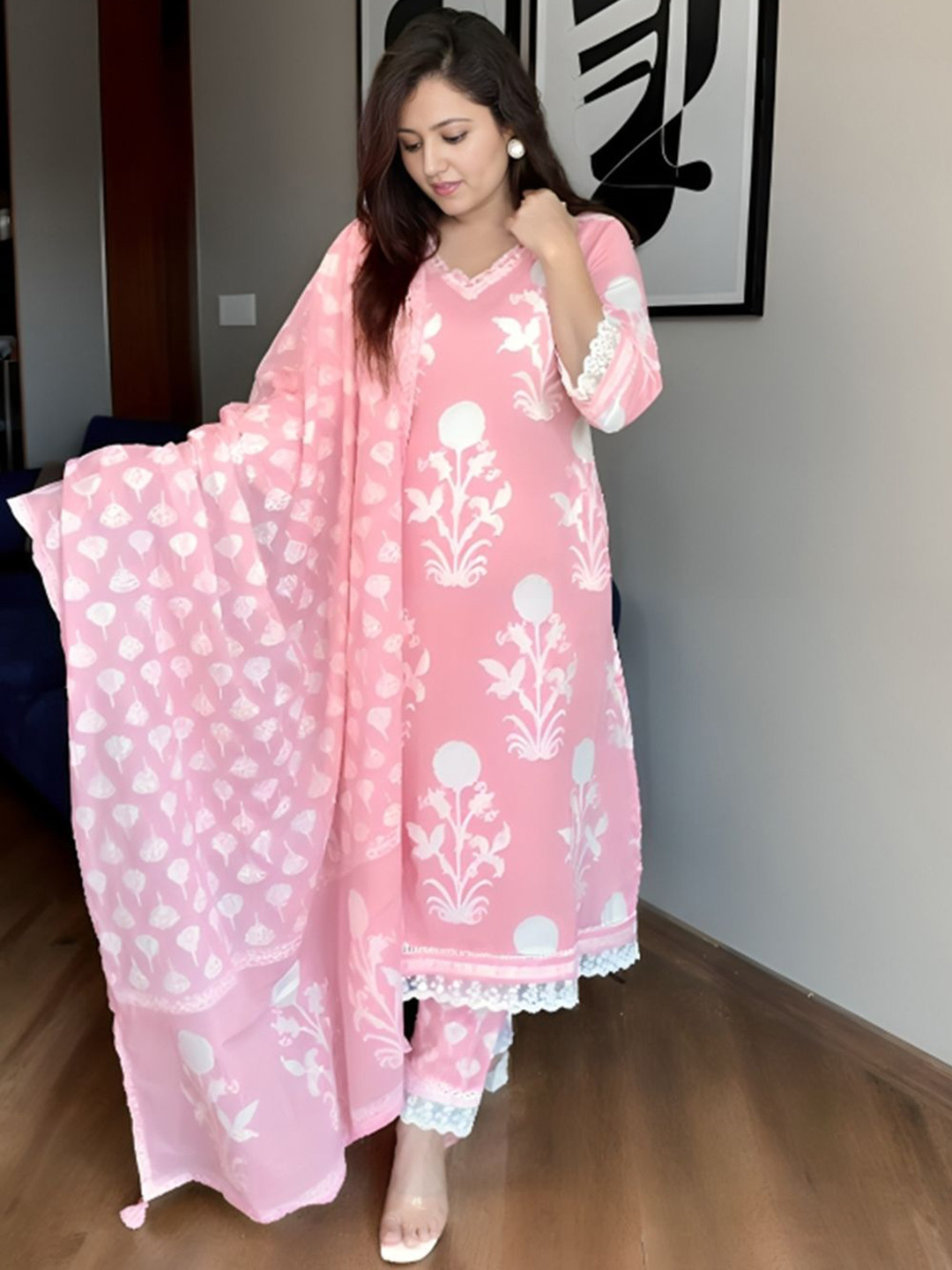 Buy KALINI Floral Printed V Neck Pure Cotton Straight Kurta With ...