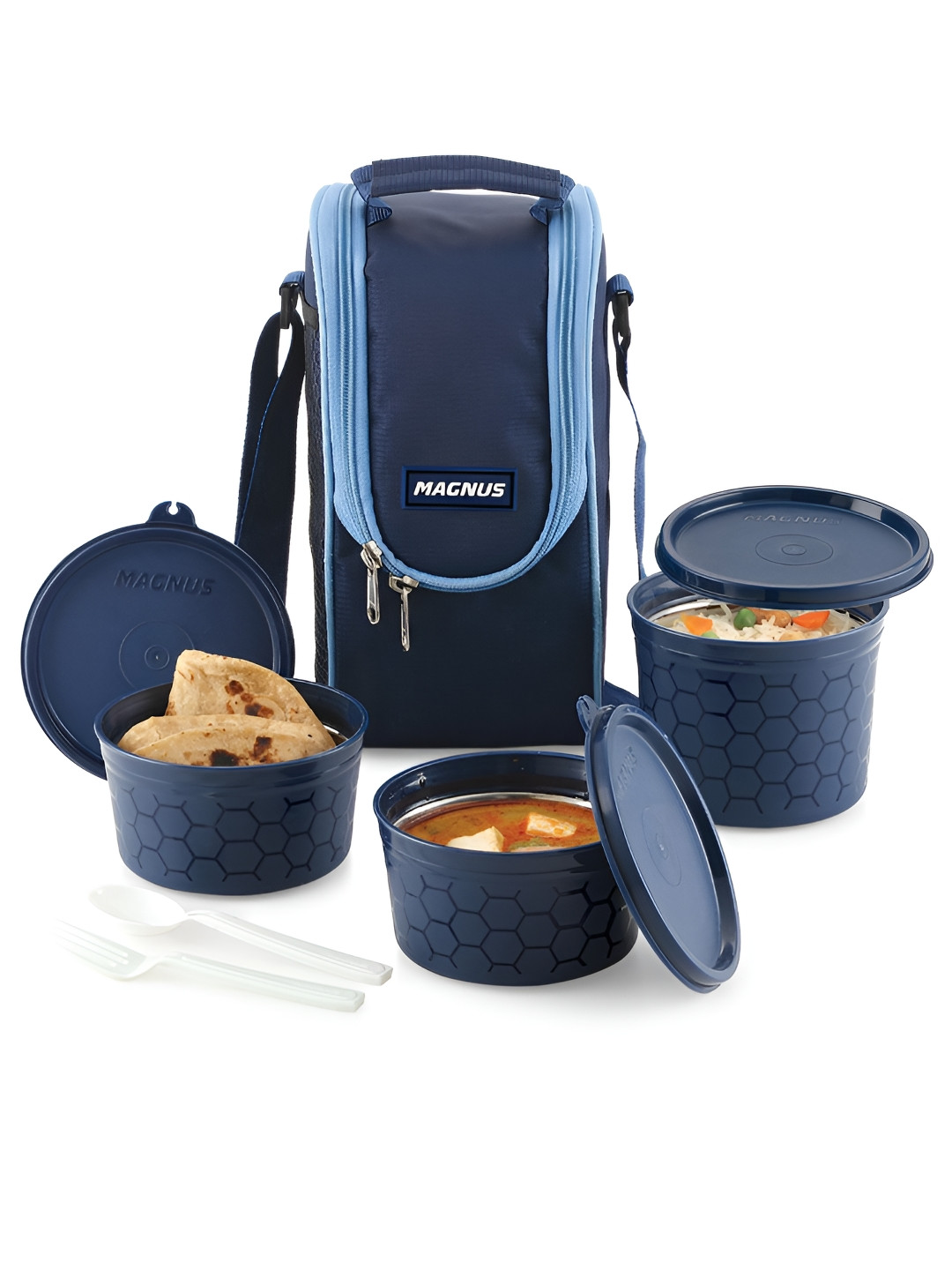 Buy MAGNUS Blue 3 Pieces Stainless Steel Lunch Box 400 Ml Each - Lunch ...
