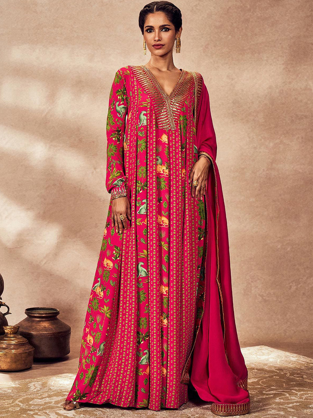 Buy Masaba Floral Printed V Neck Thread Work A Line Kurta With Duppatta ...