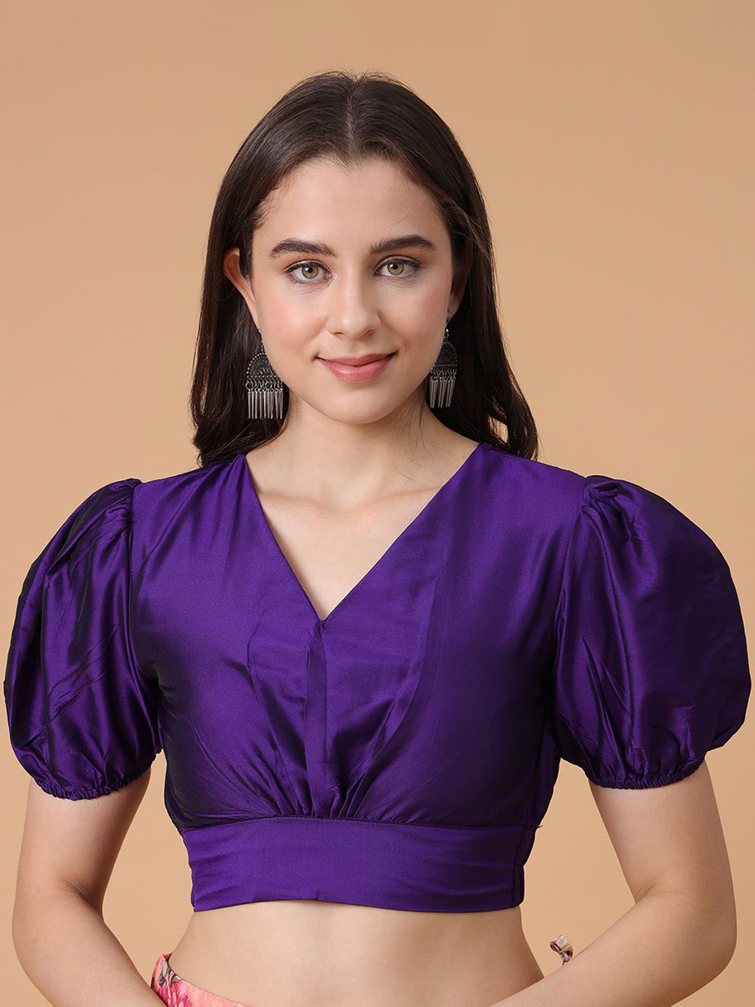 Buy Frolic Rolic Purple Silk Blend V Neck Puff Sleeves Blouse - Saree ...