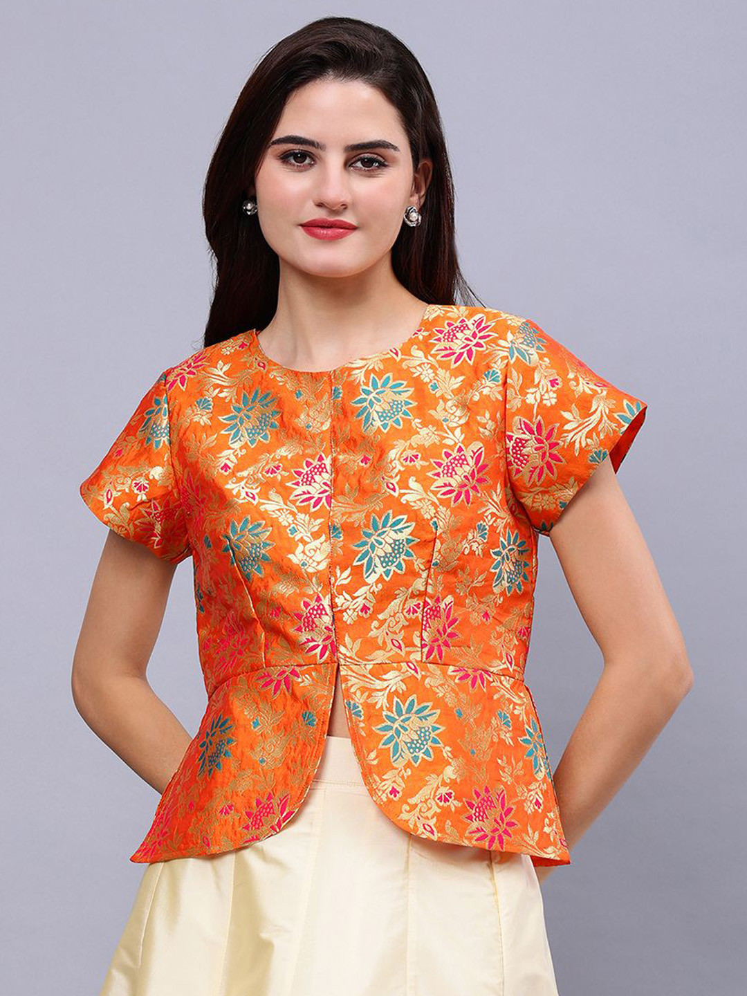 Buy Frolic Rolic Orange Silk Jacquard Wowen Design Waist Length Ethnic ...