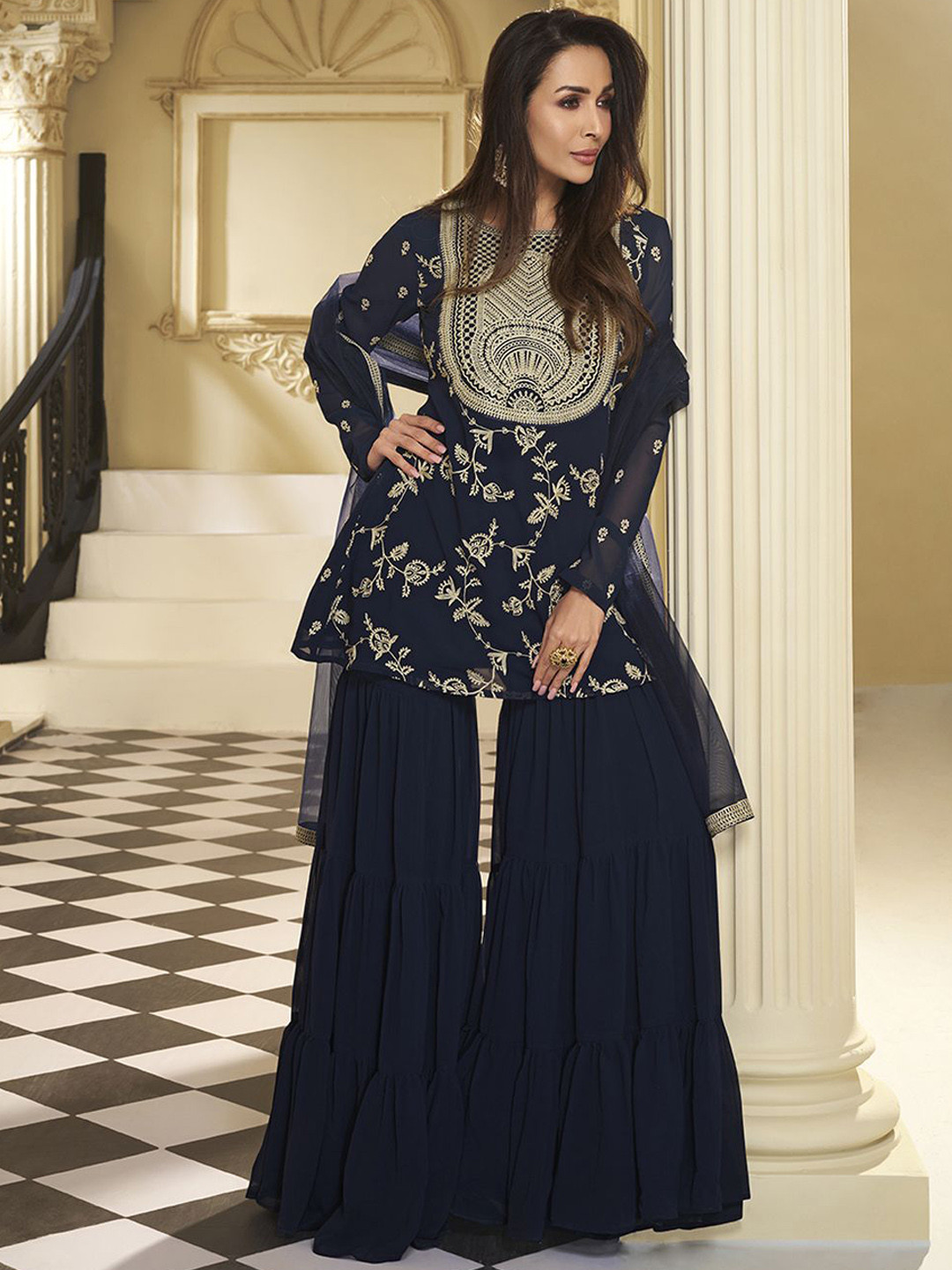 Buy Inddus Women Floral Thread Embroidered A Line Kurta With Sharara ...