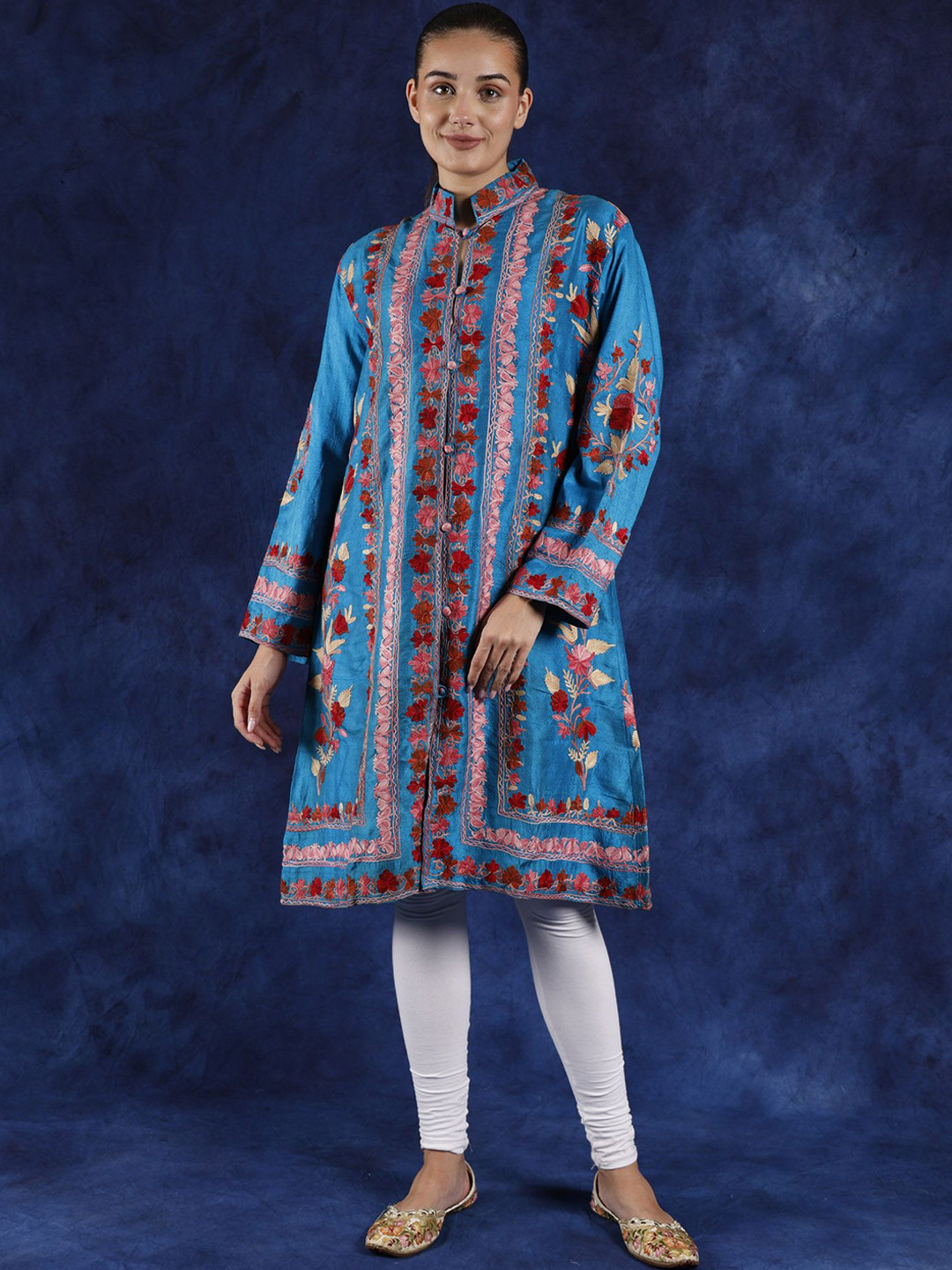 Buy Exotic India Algiers Blue Kashmiri Long Jacket With Aari ...