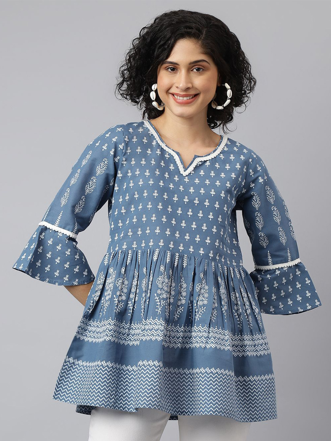 Buy JAIPUR ATTIRE Women Grey And White Print Bell Sleeve Cotton Ethnic ...