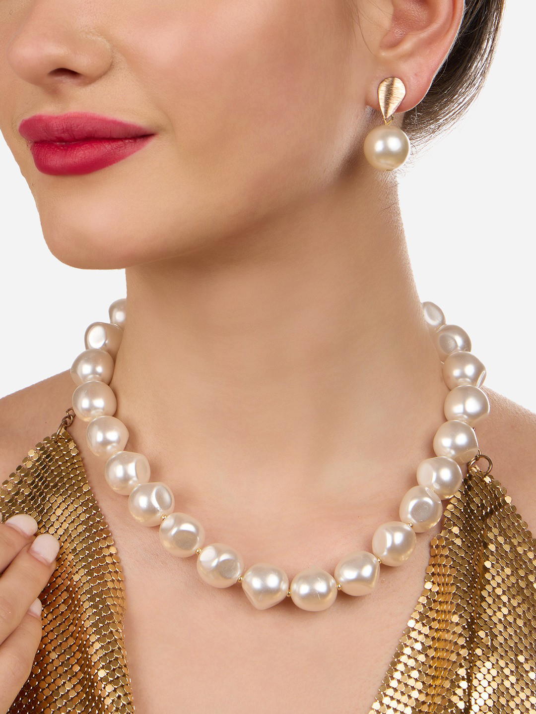 Buy Zaveri Pearls Gold Plated Embellished Pearl Jewellery Set ...