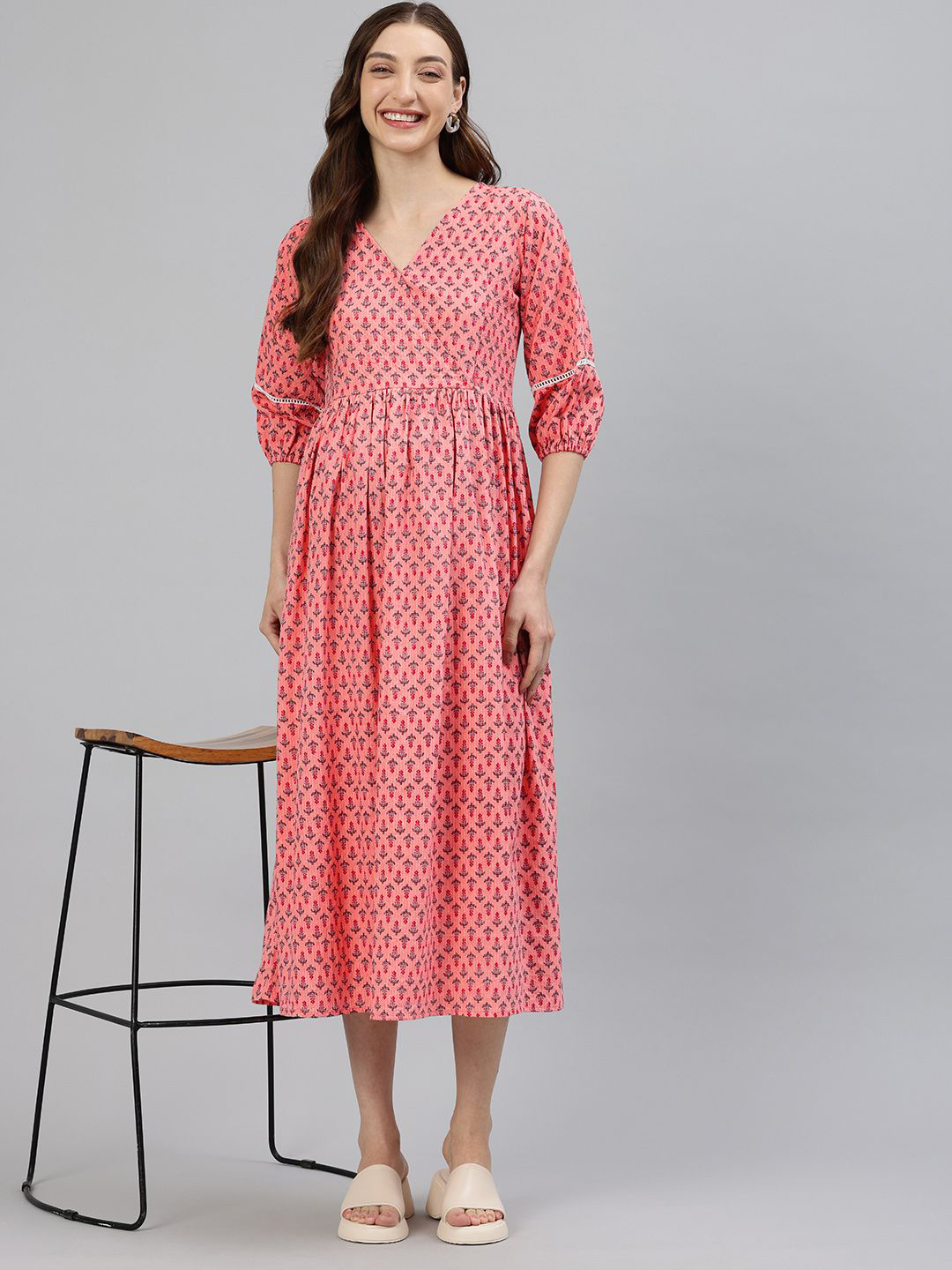 Buy Swishchick Women Ethnic Motifs Print Puff Sleeve A Line Midi Dress ...