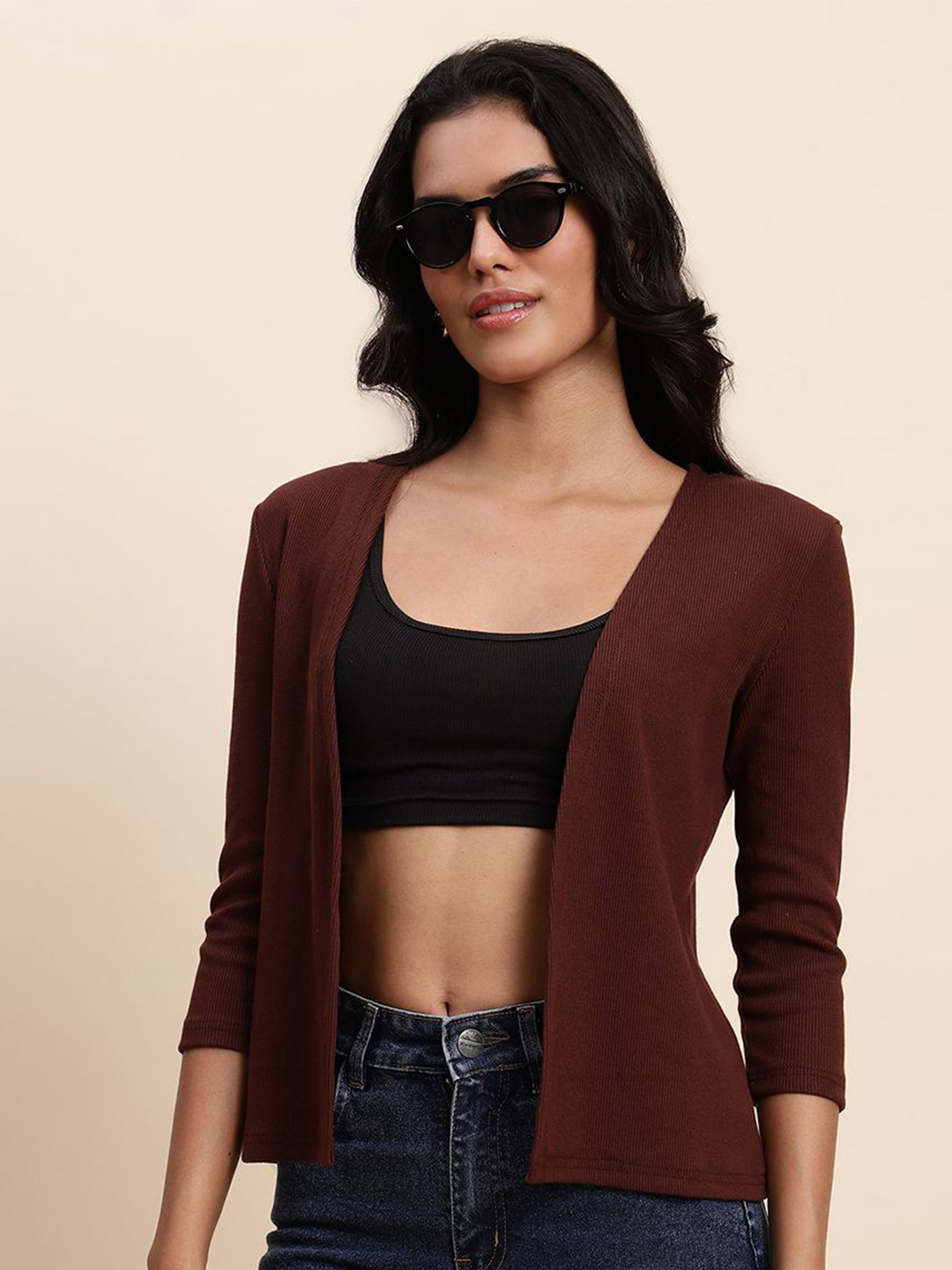 Buy UnaOne Ribbed Pure Cotton Open Front Shrug - Shrug for Women ...