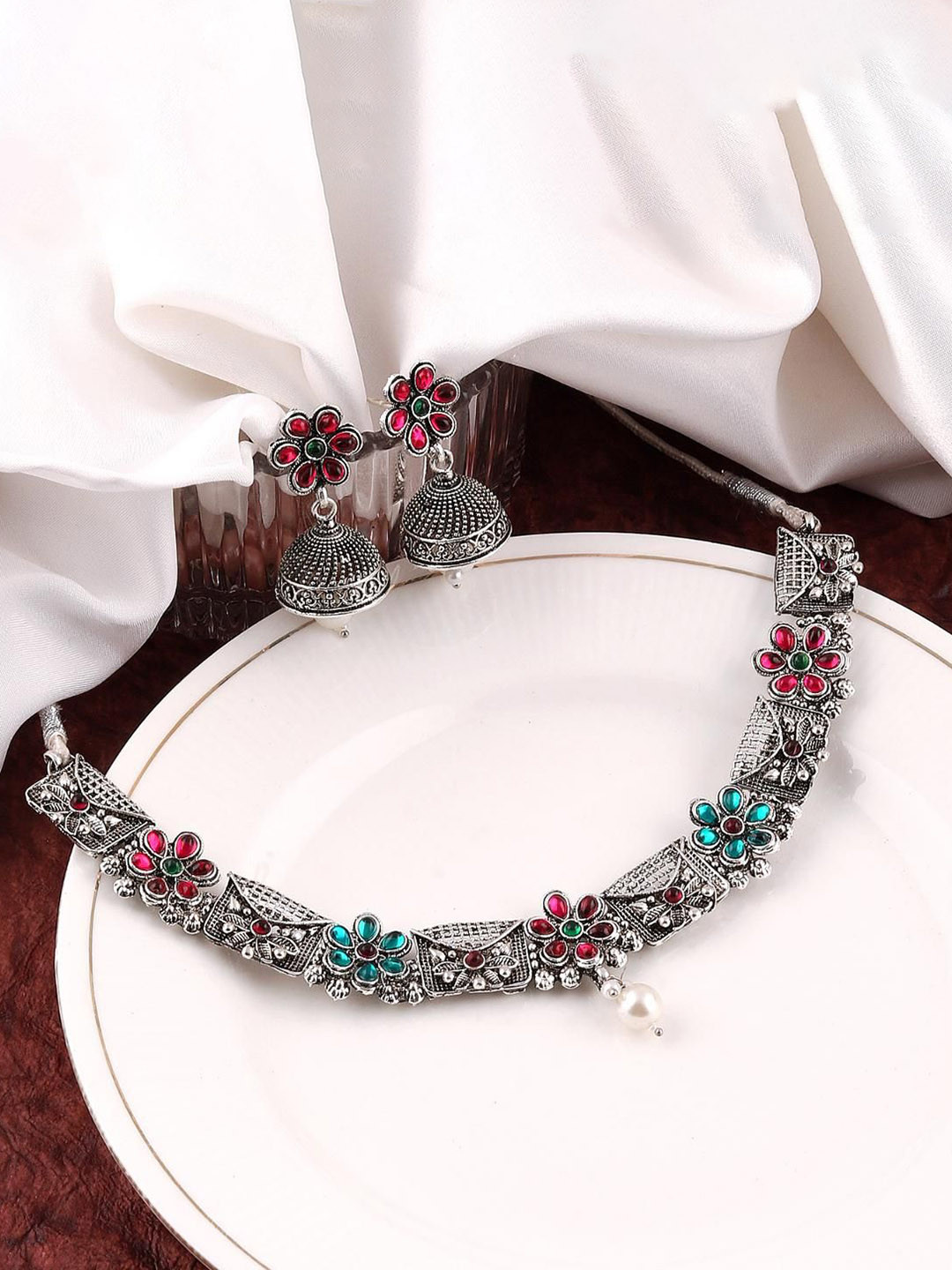 Buy MANSIYAORANGE Rhodium Plated Stone Studded & Beaded German Oxidised ...