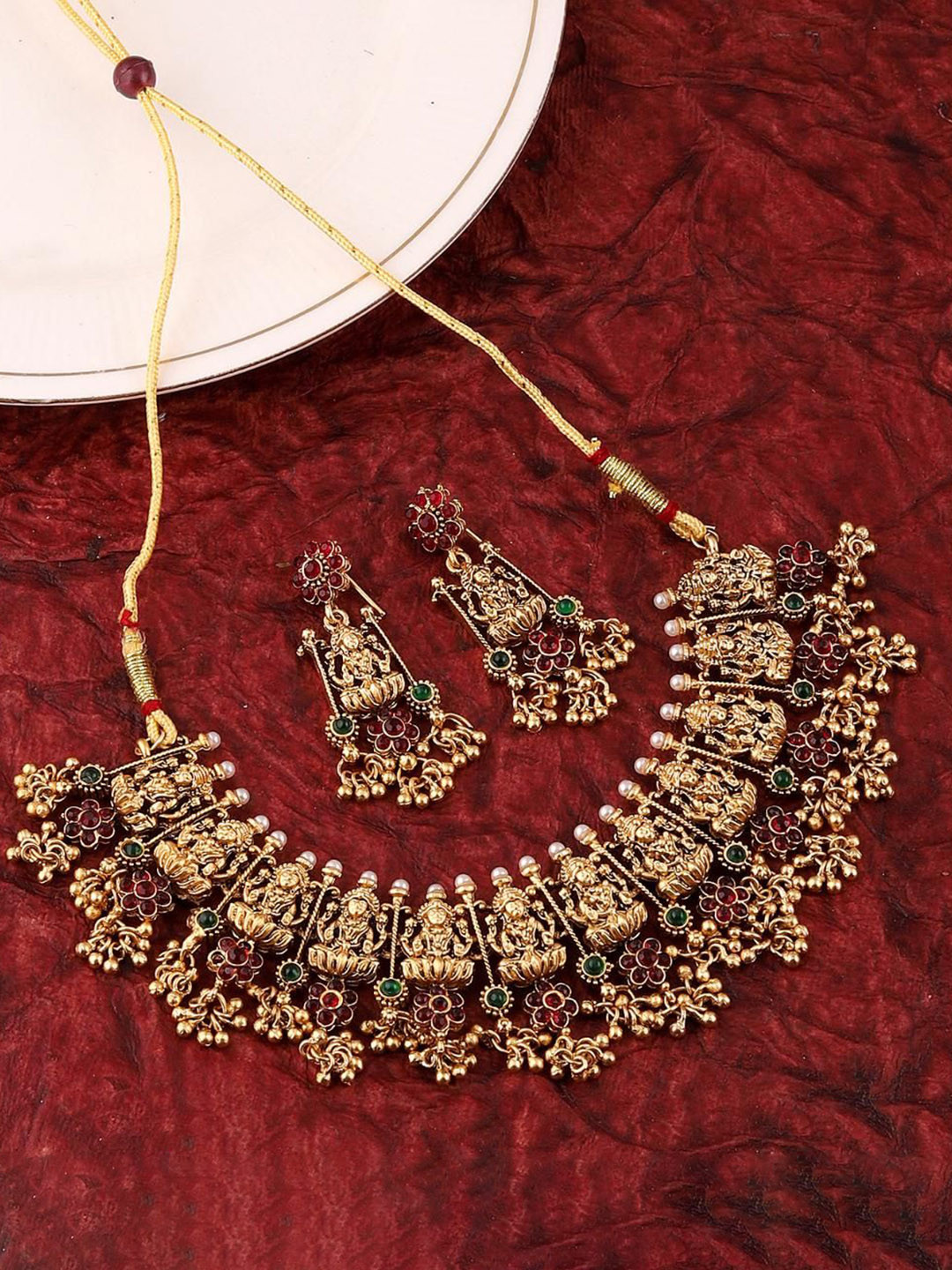Buy MANSIYAORANGE Gold Plated Stone Studded & Beaded Temple Jewellery ...