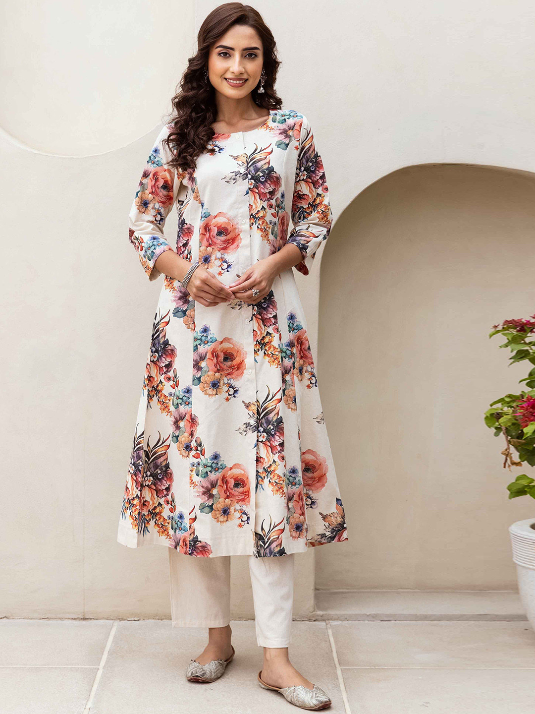 Buy KALINI Floral Printed A Line Kurta With Trousers - Kurta Sets for ...