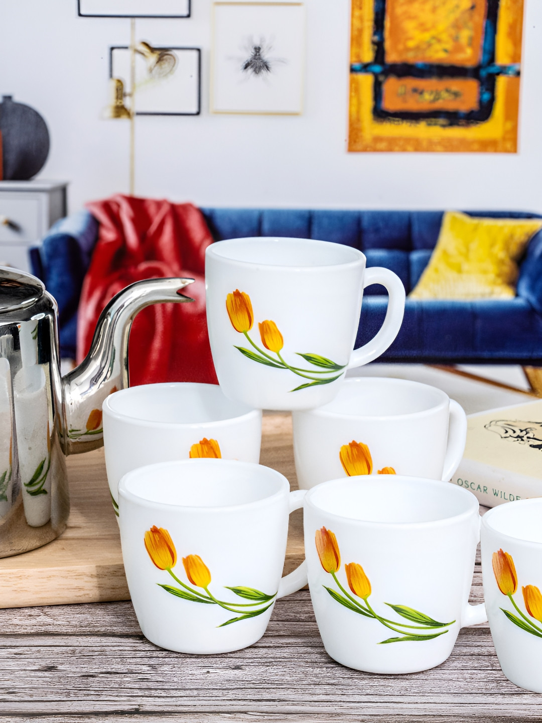 Buy Cello 6 Pieces White & Green Floral Printed Opalware Glossy Cups ...