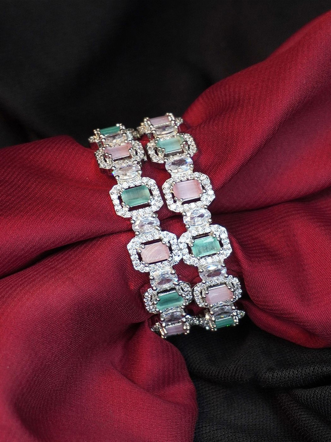 Buy Niscka Set Of 2 Rhodium Plated American Diamond Studded Bangles ...