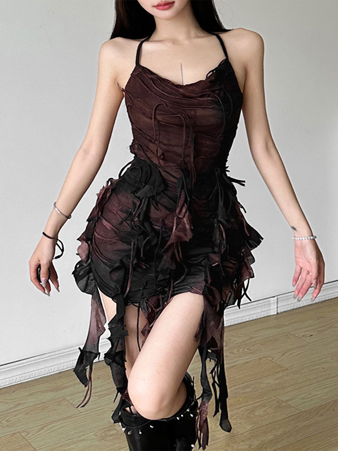 Buy LULU & SKY Backless Tattered Ruffle Knee Length Dress - Dresses for ...