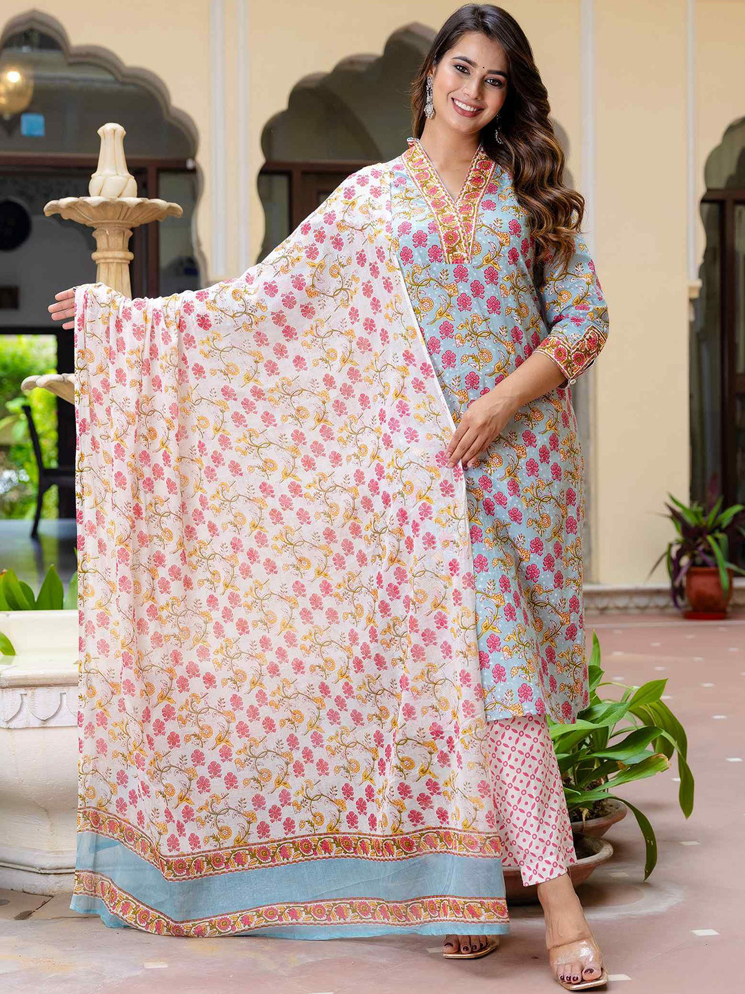 Buy Aaysa Kurti Floral Printed Straight Pure Cotton Kurta With Trousers ...