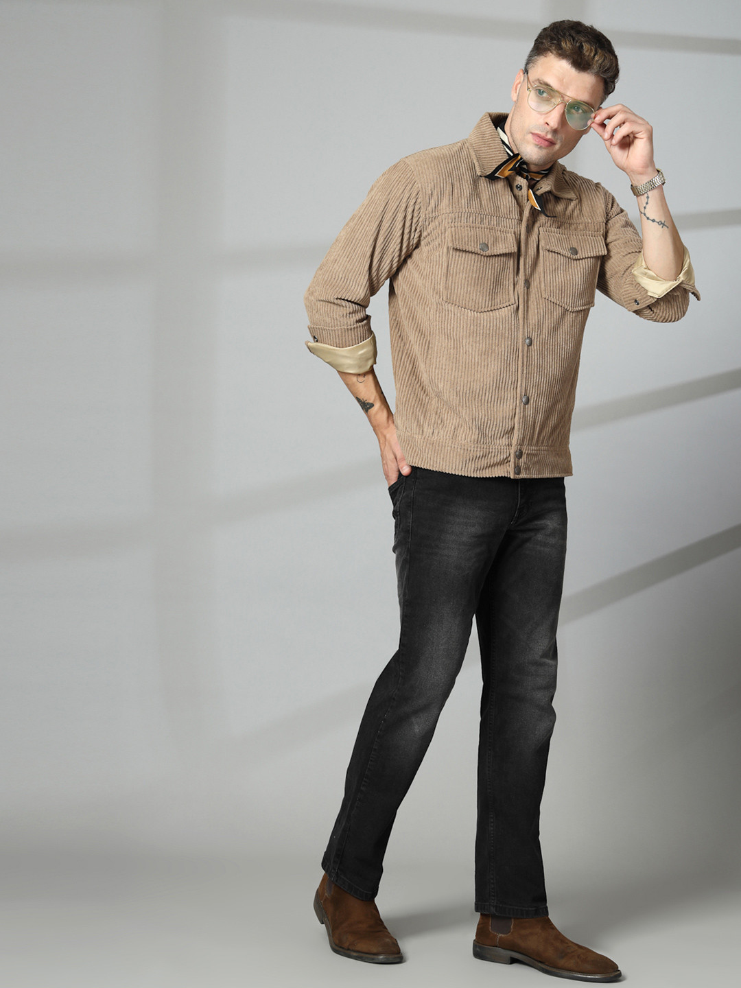 Buy CHKOKKO Men Washed Colourblocked Corduroy Crop Denim Jacket With ...