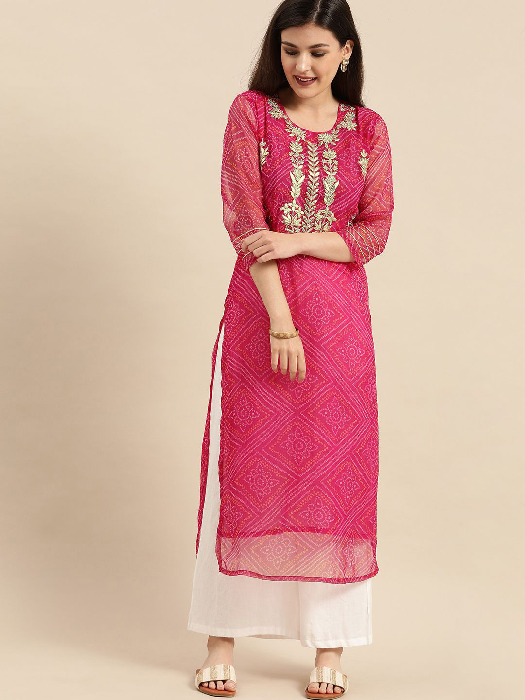 Buy Varanga Pink Bandhani Printed Round Neck Thread Work Georgette ...