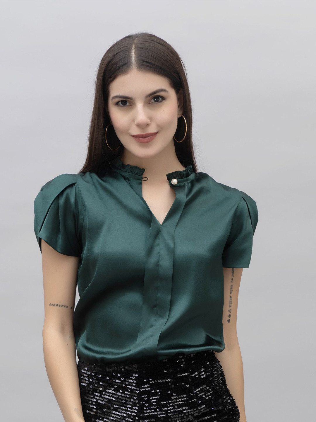 Buy PURYS Solid Mandarin Collar Puff Sleeve Sheen Top - Tops for Women ...