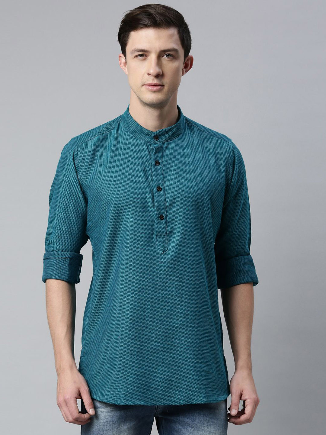 Buy Cross Court Geometric Woven Design Mandarin Collar Cotton Short ...