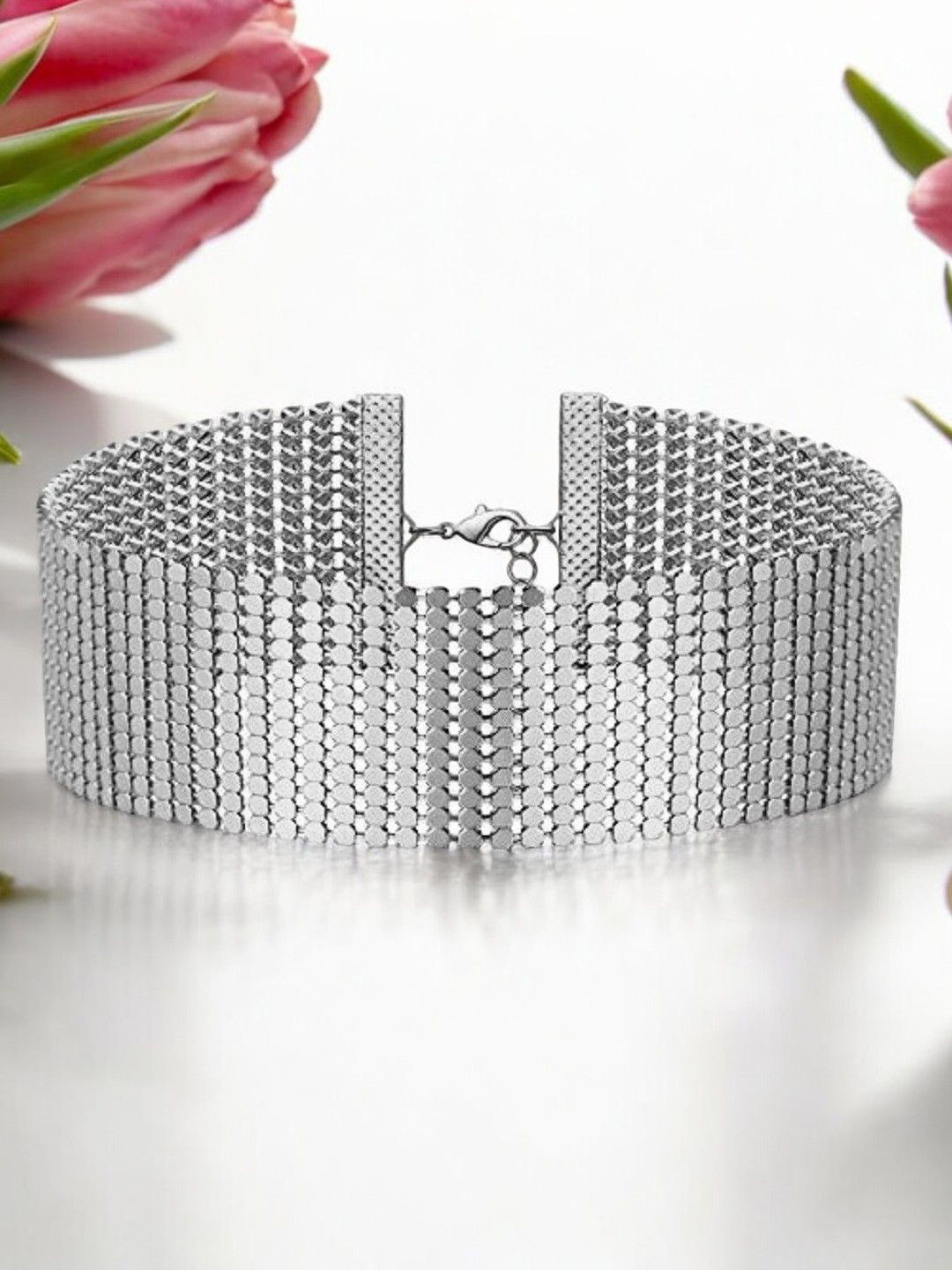 Buy Fabula Silver Plated Silver Shimmer Broad Choker Necklace ...