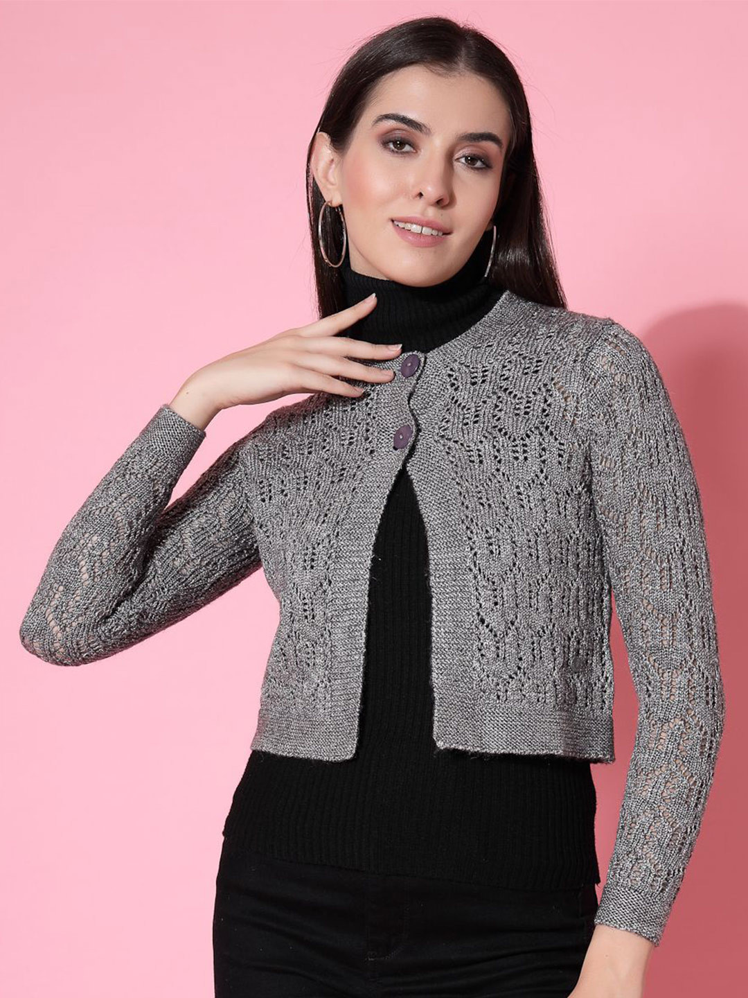 Buy DressBerry Grey Self Design Crop Button Shrug - Shrug for Women ...