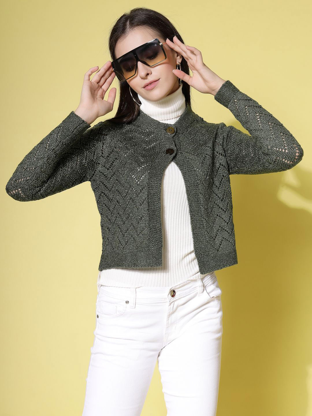 Buy DressBerry Green Self Design Crop Button Shrug - Shrug for Women ...