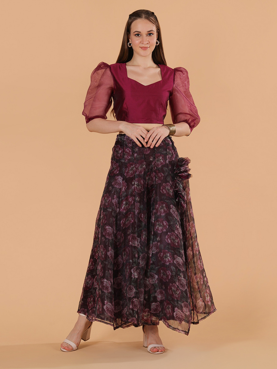 Buy Frolic Rolic Silk Top & Floral Print Organza Maxi Skirt Set ...