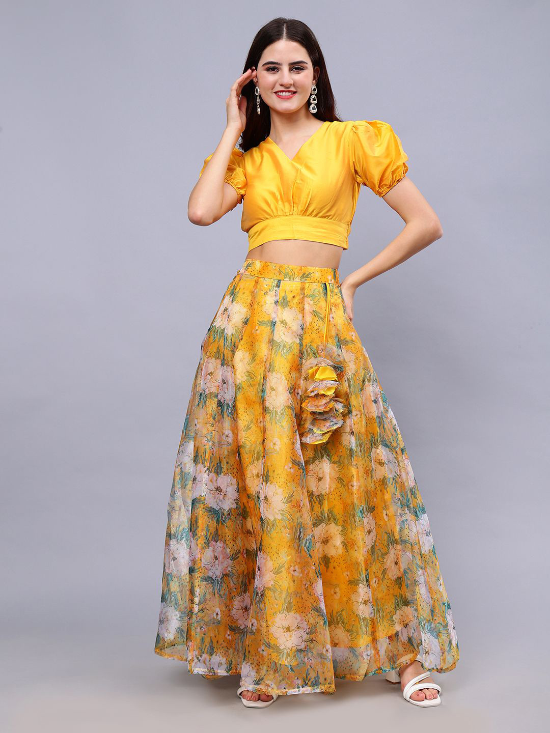 Buy Frolic Rolic Silk V Neck Blouse & Floral Print Organza Maxi Skirt ...