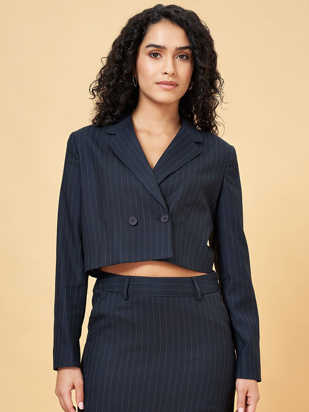 Buy Annabelle By Pantaloons Striped Notched Lapel Double Breasted Crop ...