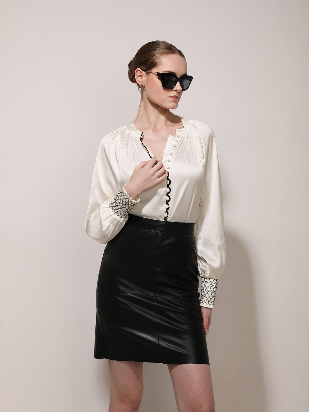 Buy Vero Moda Women Mandarin Collar Monochrome Top - Tops for Women ...