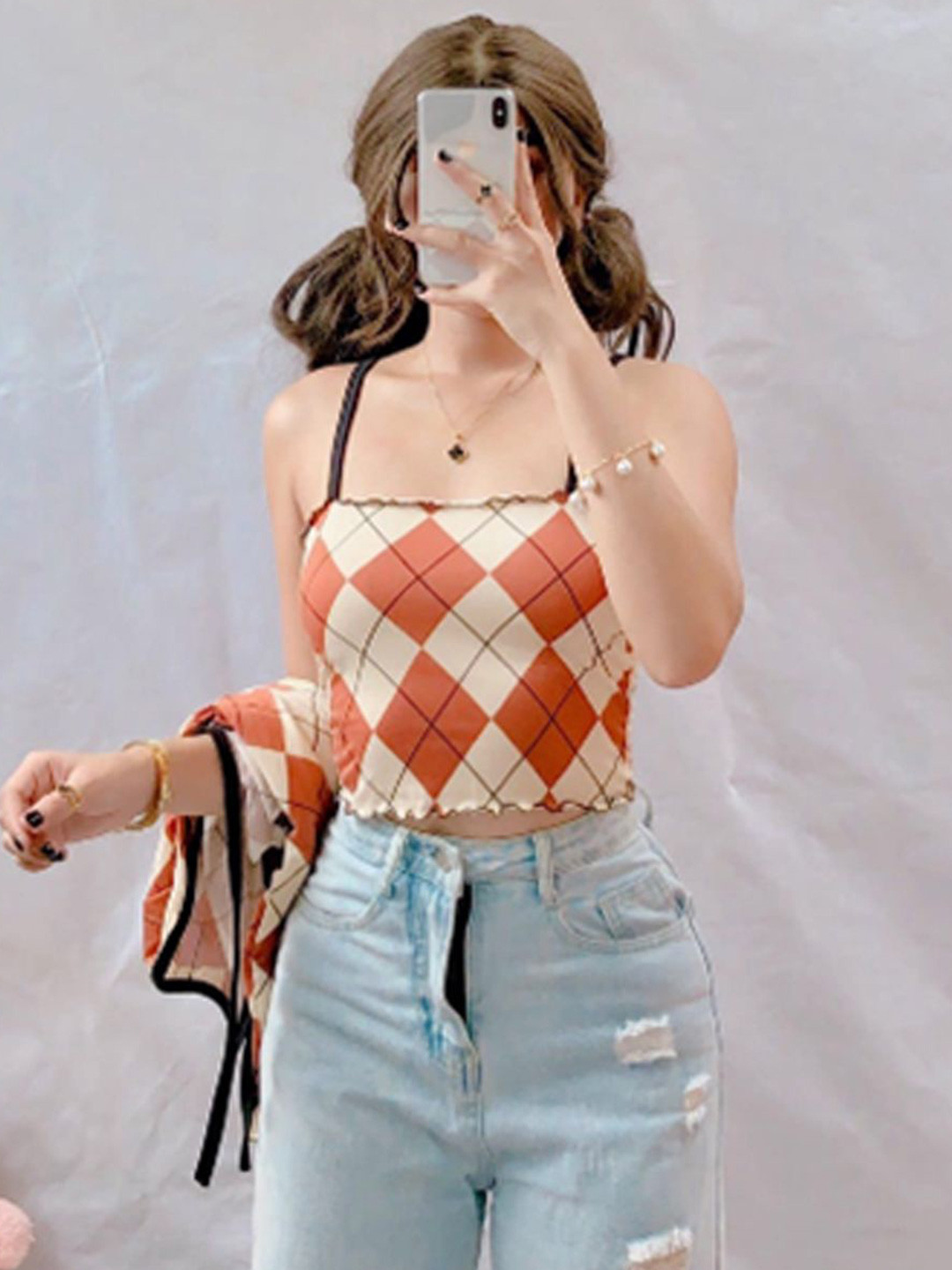 Buy TANDUL Women Shoulder Straps Checked Crop Top With Tie Up Neck ...