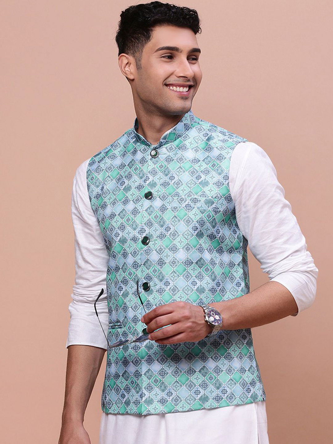 Buy SHOWOFF Printed Men's Printed Turquoise Blue Slim Fit Nehru Jacket ...
