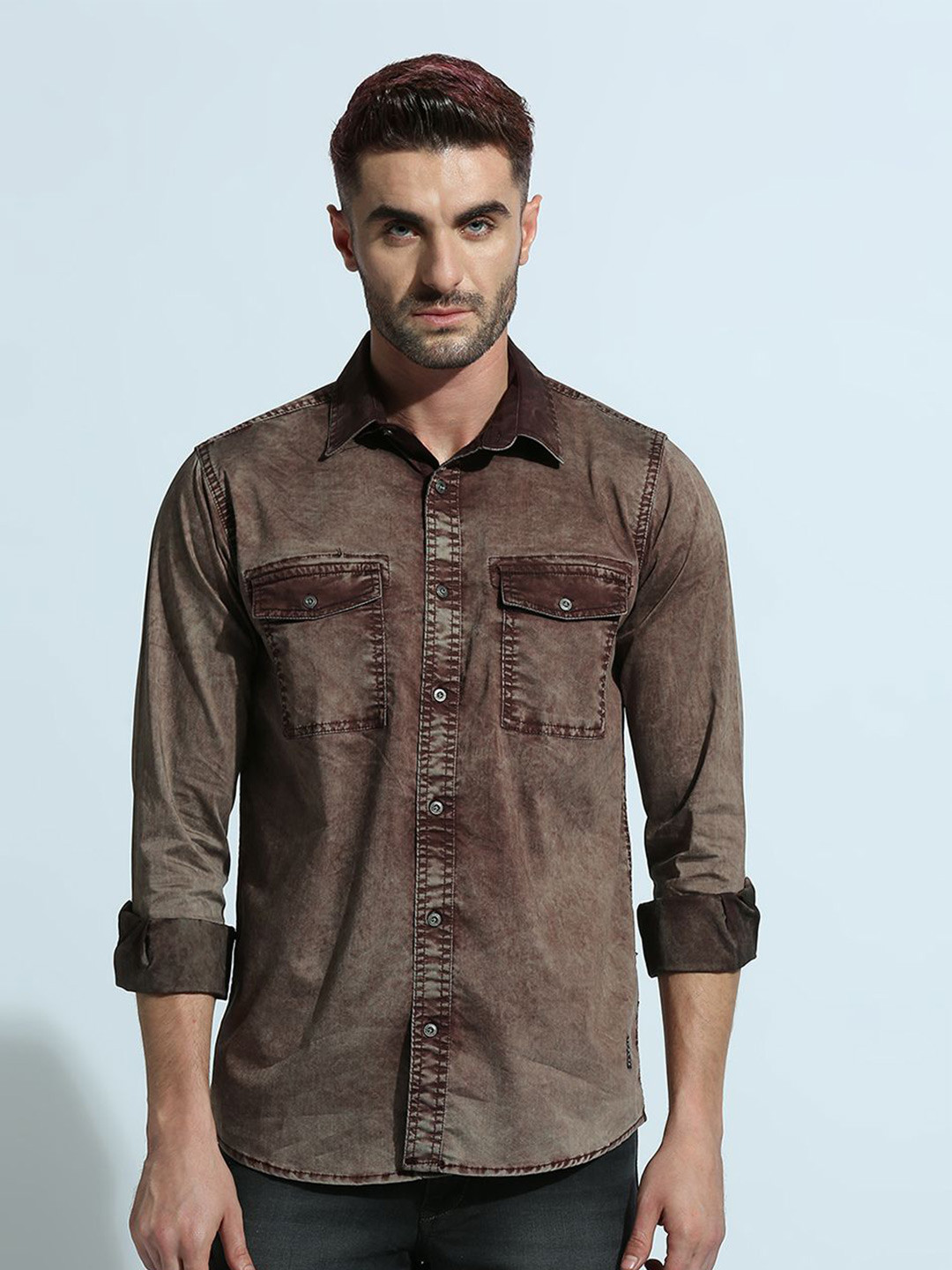 Buy Klub Fox Men Spread Collar Faded Solid Cotton Slim Fit Casual Shirt ...