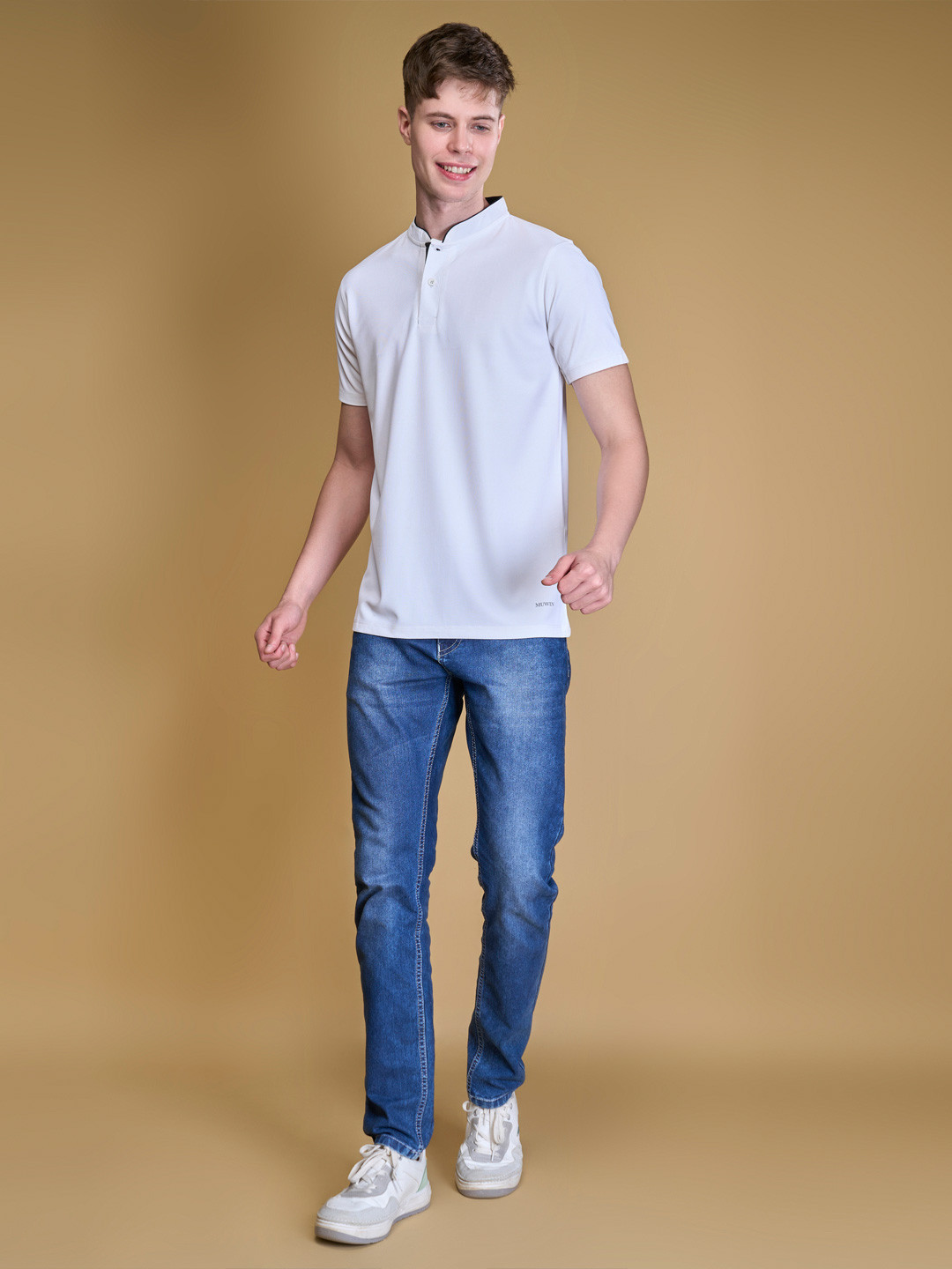 Buy MUWIN Men Mandarin Collar Solid Casual T Shirt - Tshirts for Men ...