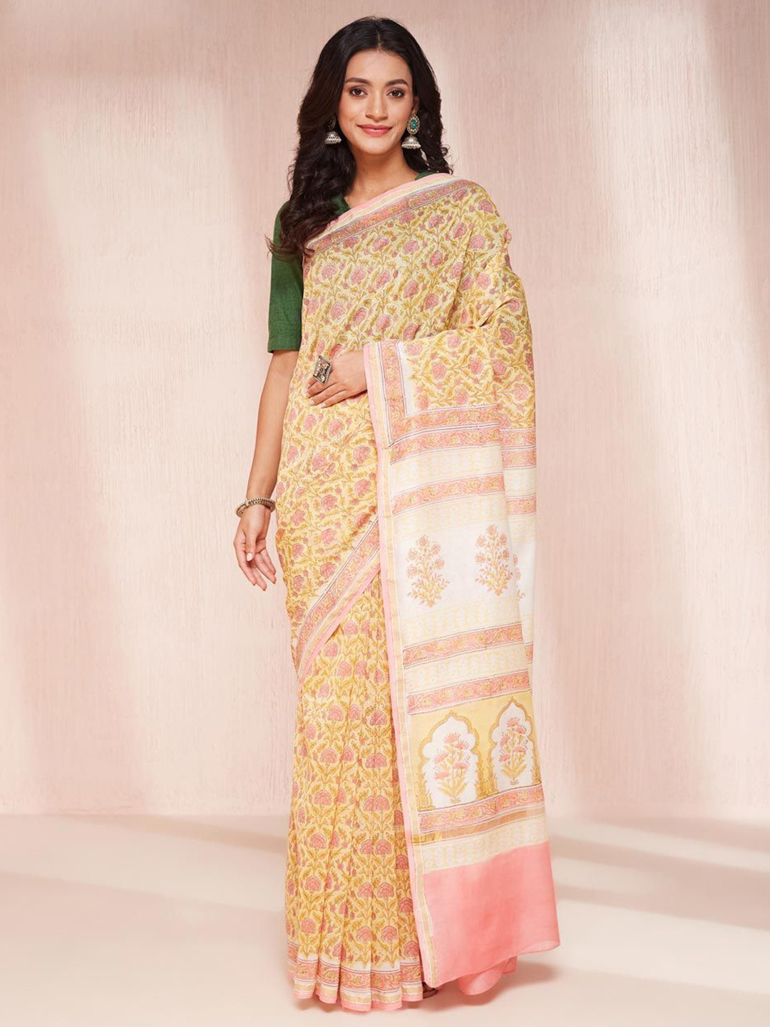 Buy Fabindia Floral Silk Cotton Block Print Saree - Sarees for Women ...