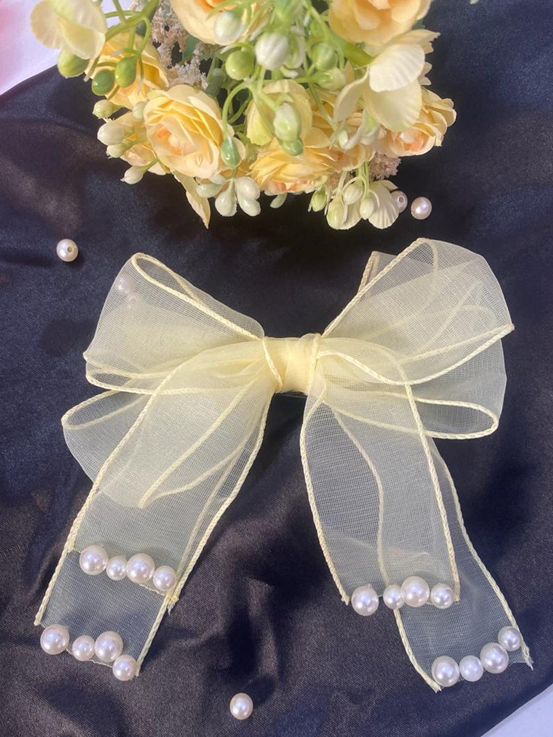 Buy Majestique Set Of 1 Yellow Hair Ribbon Pearl Alligator Clip & Women ...