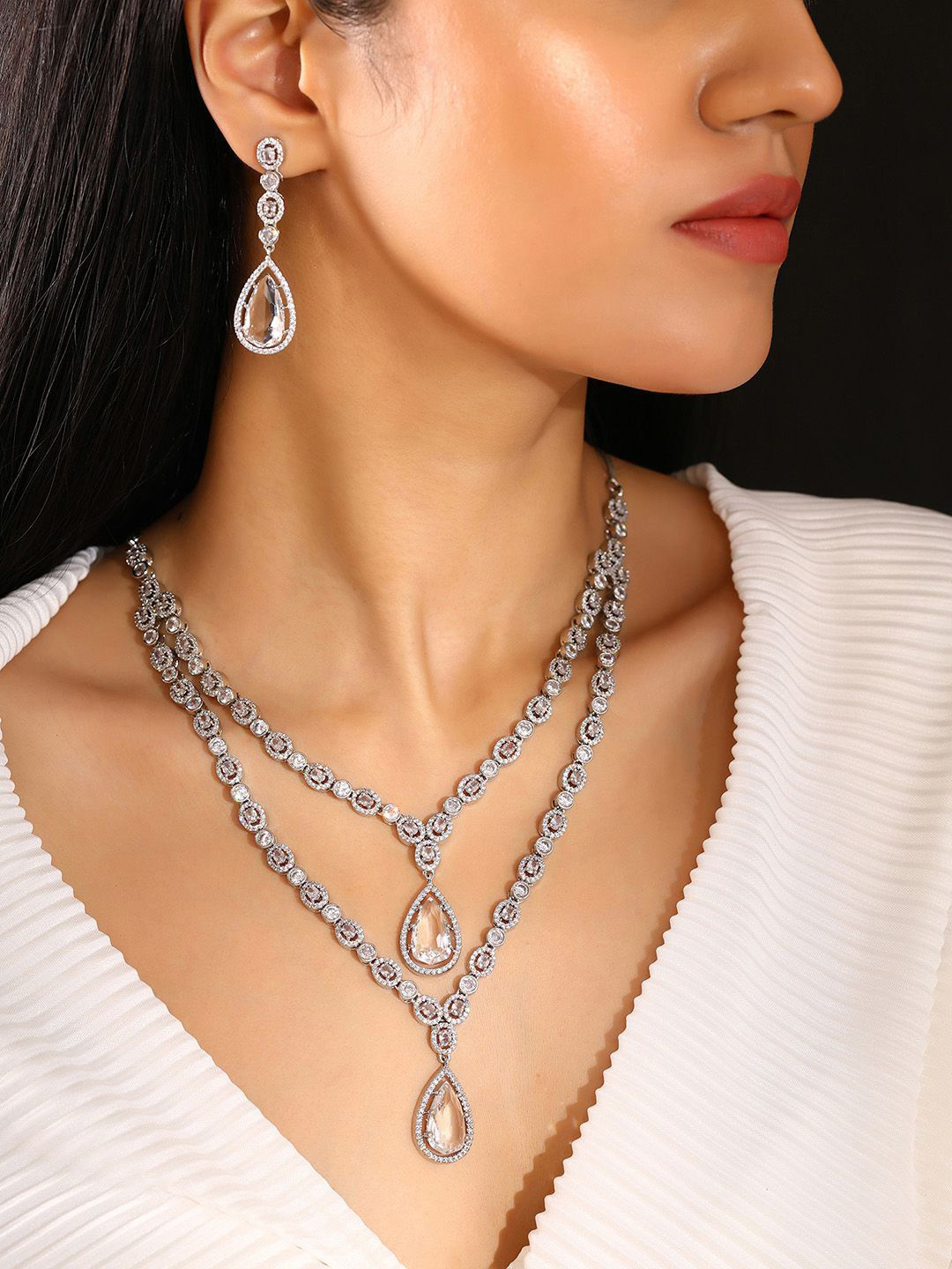 Buy Priyaasi Sliver Plated American Diamond Studded Jewellery Set ...