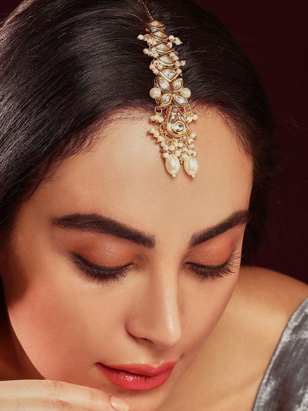 Buy Priyaasi Gold Plated Kundan Studded Maang Tikka Head Jewellery ...