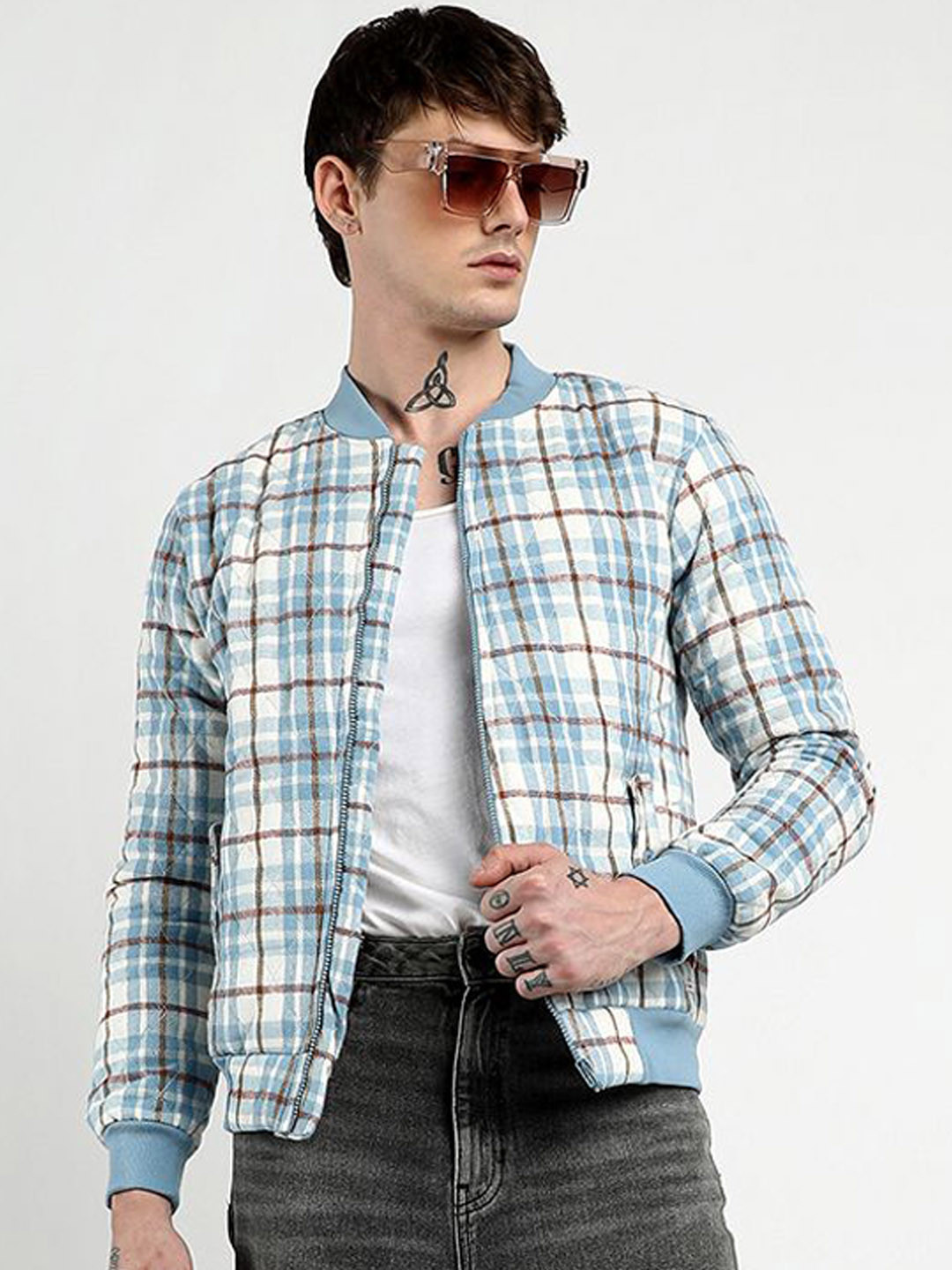 Buy Campus Sutra Men Checked Lightweight Longline Denim Jacket ...